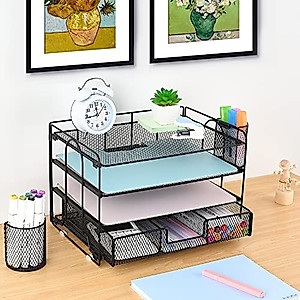 Becomrock Desk Organizers, 4-Tier Paper Letter Tray Organizer with Drawer and Pen Holder, Mesh Desktop Organizer, Office Supplies Desk Accessories (Black)