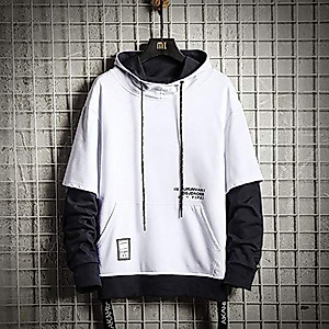 Thenlian Men's New Fashion Loose Stitching Fake Two-piece Hooded Sweater Splice Top (XXXL, White)