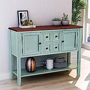 P PURLOVE Console Table Buffet Table with Storage Drawers Cabinets and Bottom Shelf (Antique Blue)
