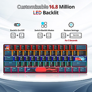 Mosptnspg Protable 60% Percent Gaming Keyboard Mechanical, Mini Compact RGB Backlit 61 Keys Wired Office Keyboard with Red Switch for Mac/Win (Monstor Black/red Switch 61)