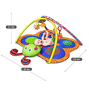 Rivpabo Baby Play Mat, Animal Theme Baby Play Gym with 5 Sensory Toys, Thicker Non-Slip Baby Activity Center for Motor Skill Development, Washable Tummy Time Mat for Infant and Newborn (Beebee)