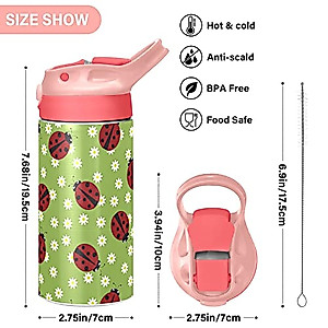 ALAZA Ladybug Kids Water Bottles with Lids Straw Insulated Stainless Steel Water Bottles Double Walled Leakproof Tumbler Travel Cup for Girls Boys Toddlers 12 oz,Pink