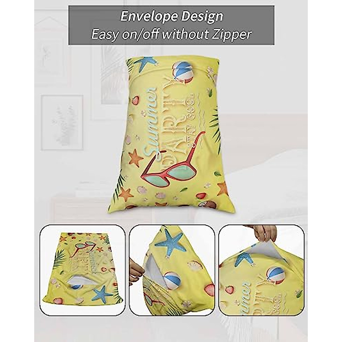 Edwiinsa Summer Beach Party Pillow Covers King Standard Set of 2 20x36 Bed Pillow, Tropical Leaves Starfish Seashells Yellow Plush Soft Comfort for Hair/Skin Cooling Pillowcases with Envelop Closure