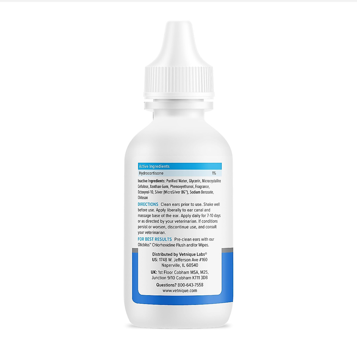 Vetnique Oticbliss Cat & Dog Ear Infection Treatment Drops - with 1% Hydrocortisone & MicroSilver BG for Dog Yeast Ear Infections - Vet Recommended Cat & Dog Ear Cleaner for Itchy Ear Relief