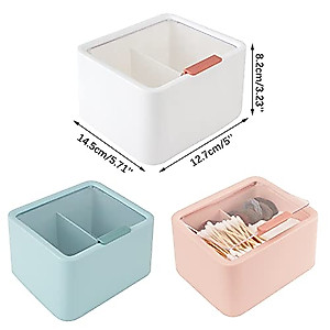 FHDUSRYO 3Pcs Q-tips Holders, White Pink Blue Cotton Swab Ball Dispenser Boxes, 2 Slots Q-tips Storage Box, Cotton Pad Organizer Container with Hinged Lid for Bathroom Dresser Home Decor