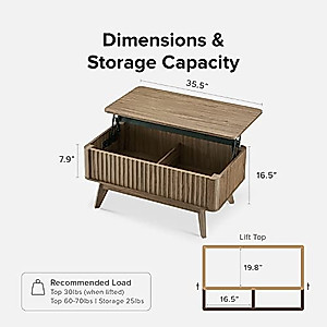 mopio Brooklyn Lift Top Coffee Table for Living Room, Mid Century, Modern Farmhouse with Lifting Tabletop & Hidden Storage, Fluted Panel, Rising Pull Up Dining Table (Walnut)