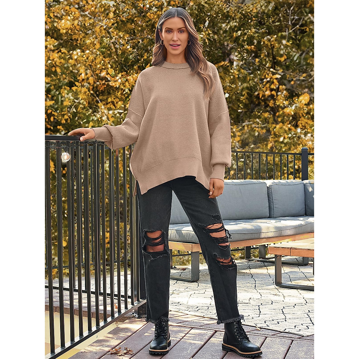 LILLUSORY Women's Oversized Batwing Sweaters 2024 Fall Outfits Crewneck Ribbed Knit Side Slit Trendy Pullover Tops DarkApricot M