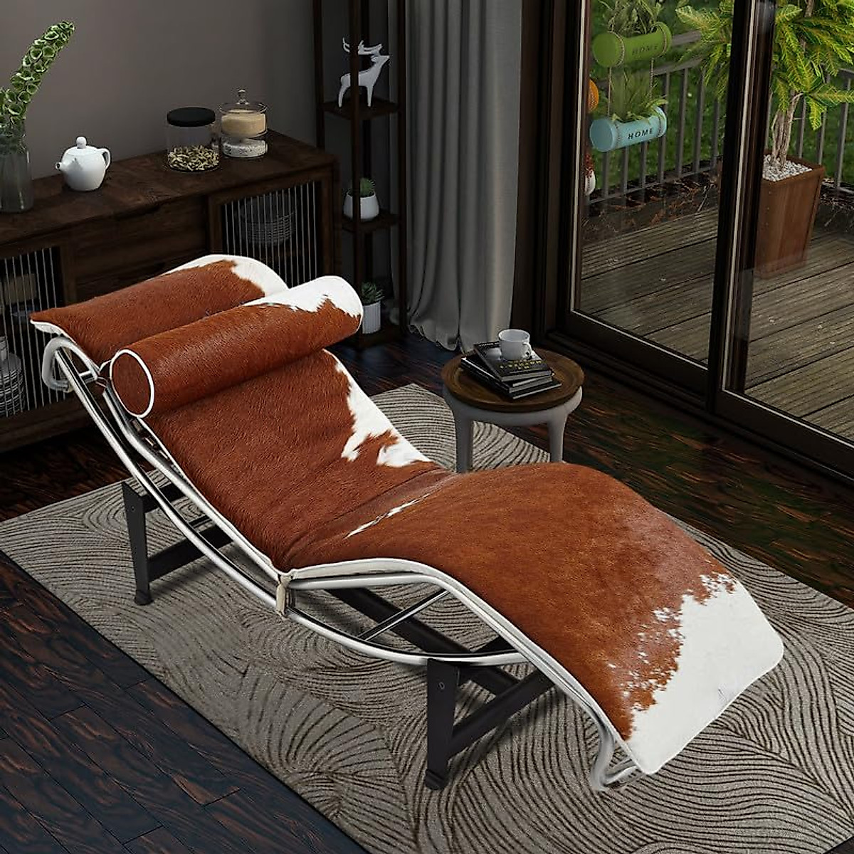 HuPoFun Le Corbusier Style LC4 Chaise Lounge Chair Reproduction - Brown & White Pony Leather