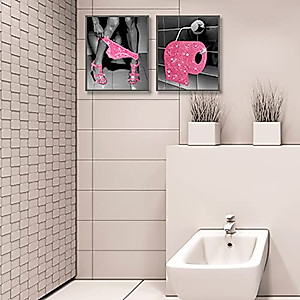 Luodroduo Fashion Wall Art Bathroom Decor Prints Set of 6 Pink Glam Glitter Tissue Canvas Posters Pictures Photos Funny Modern Women Bathroom Toilet Artwork Wall Black and White (8"x10" UNFRAMED)