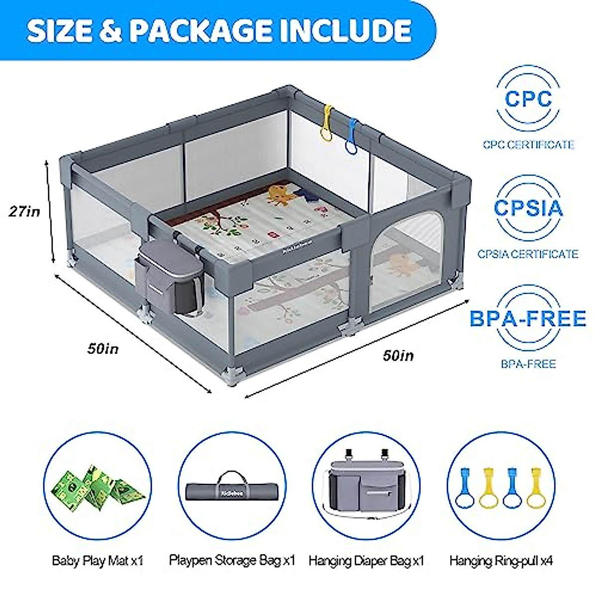 Baby Playpen with Mat Included - KIDLEBEE 50” x 50” Kids Play Pen Toddler Safety Play Yard Infant Fence Indoor Activity Center with Soft Breathable Mesh, Anti-Slip Base, Zipper Gate (Gray)