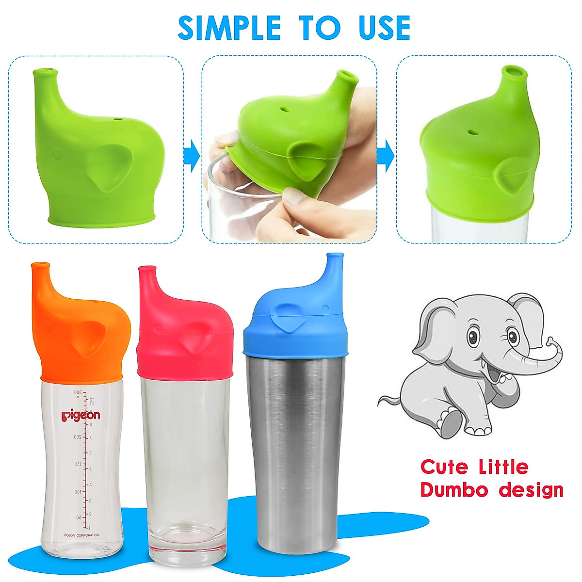 Yagote Silicone Sippy Cup Lids, 5 Packs Elephant Spill-Proof Sippy Cup for Babies, Toddlers and Kids