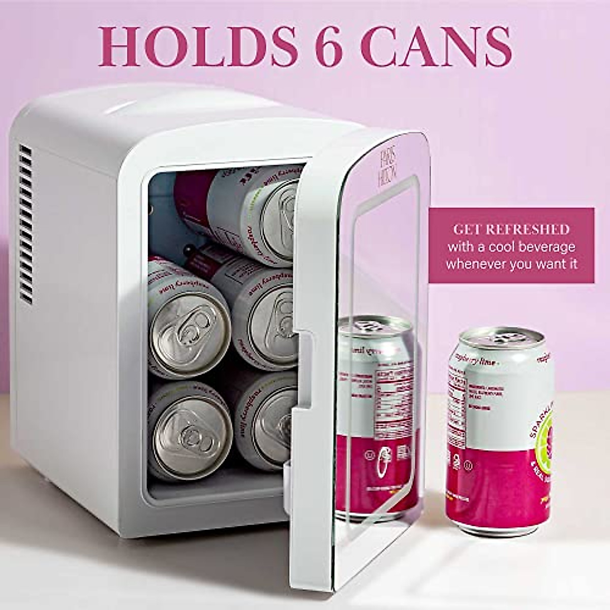 Paris Hilton Mini Refrigerator and Personal Beauty Fridge, Mirrored Door with Dimmable LED Light, Thermoelectric Cooling and Warming Function for All Cosmetics and Skincare Needs, 4-Liter, White