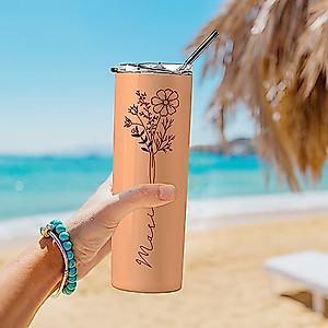 Birthday Gifts For Women, Personalized Skinny Tumblers with Birth Flower I 10 Colors - 20 Oz I Gifts for Women, BPA Free Tumbler Customized with Name