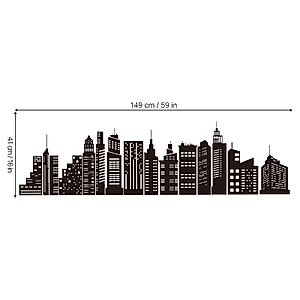wondever Black City Skyline Wall Stickers City Building Silhouettes Peel and Stick Wall Art Decals for Bedroom Living Room