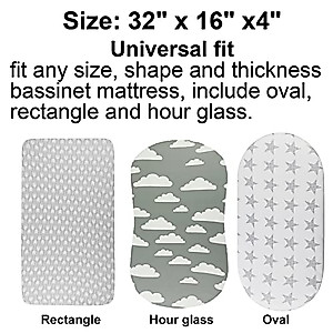 Bassinet Fitted Sheets 4 Pack for Baby Boy and Girl, Stretchy Soft Knitted Sheet Universal for Hourglass Oval and Rectangle Bassinet Mattress, Unisex Stripe Star Cloud and Arrow Printing