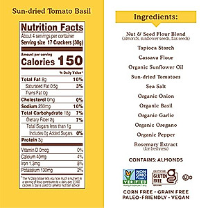 Simple Mills Almond Flour Crackers, Sundried Tomato & Basil, Gluten Free, Flax Seed, Sunflower Seeds, Corn Free, Good for Snacks, Made with whole foods, (Packaging May Vary), 4.25 Ounce
