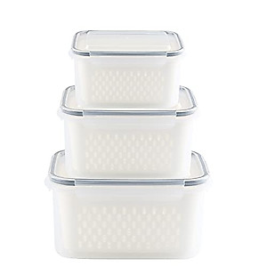 Food Storage Container,3 Piece Set, Vegetable Fruit Storage Container, Built-in Removable Drain Basket, Stackable Storage Container for Fridge
