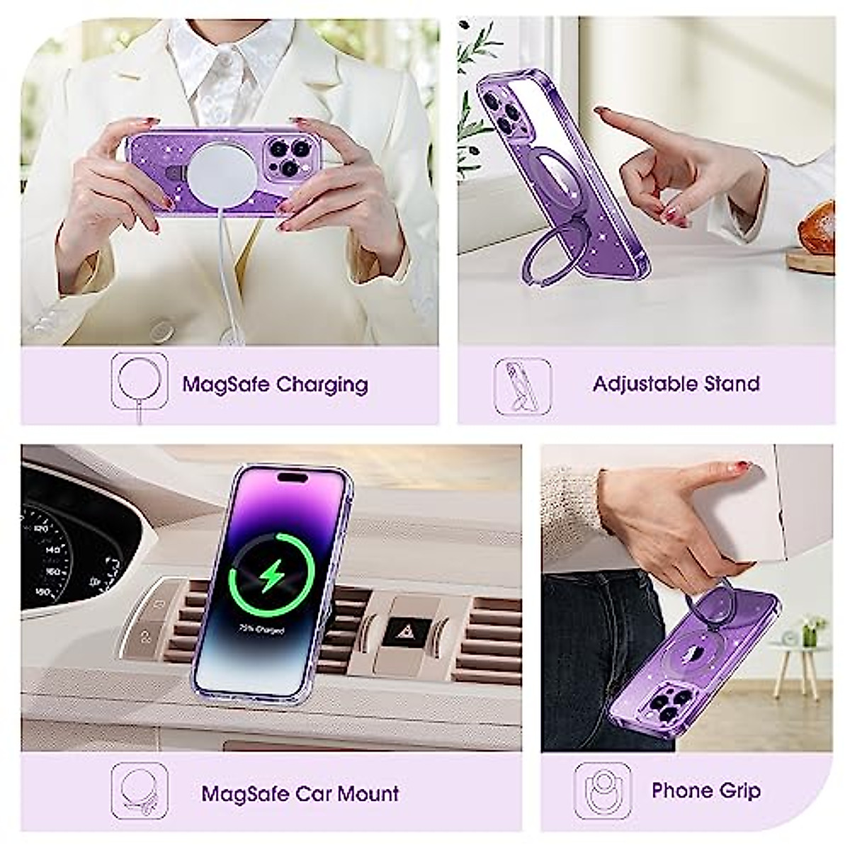 CASEKOO Genuine Official for iPhone 14 Pro Max Case with Magnetic Ring Stand [Compatible with MagSafe] [16FT Military-Grade Protection] Shockproof Twinkle Star Phone Grip Cover 6.7'', Sparkle Purple