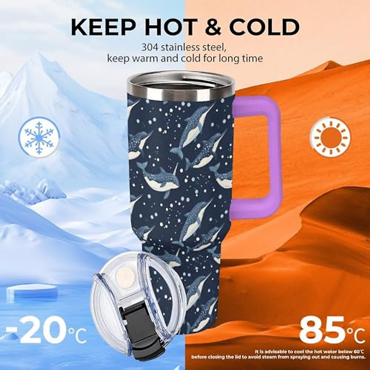 Whales Orcas Narwhals On Navy 40 Oz Tumbler Insulated Stainless Steel Water Bottle Travel Mug Car Cup with Handle And Straw