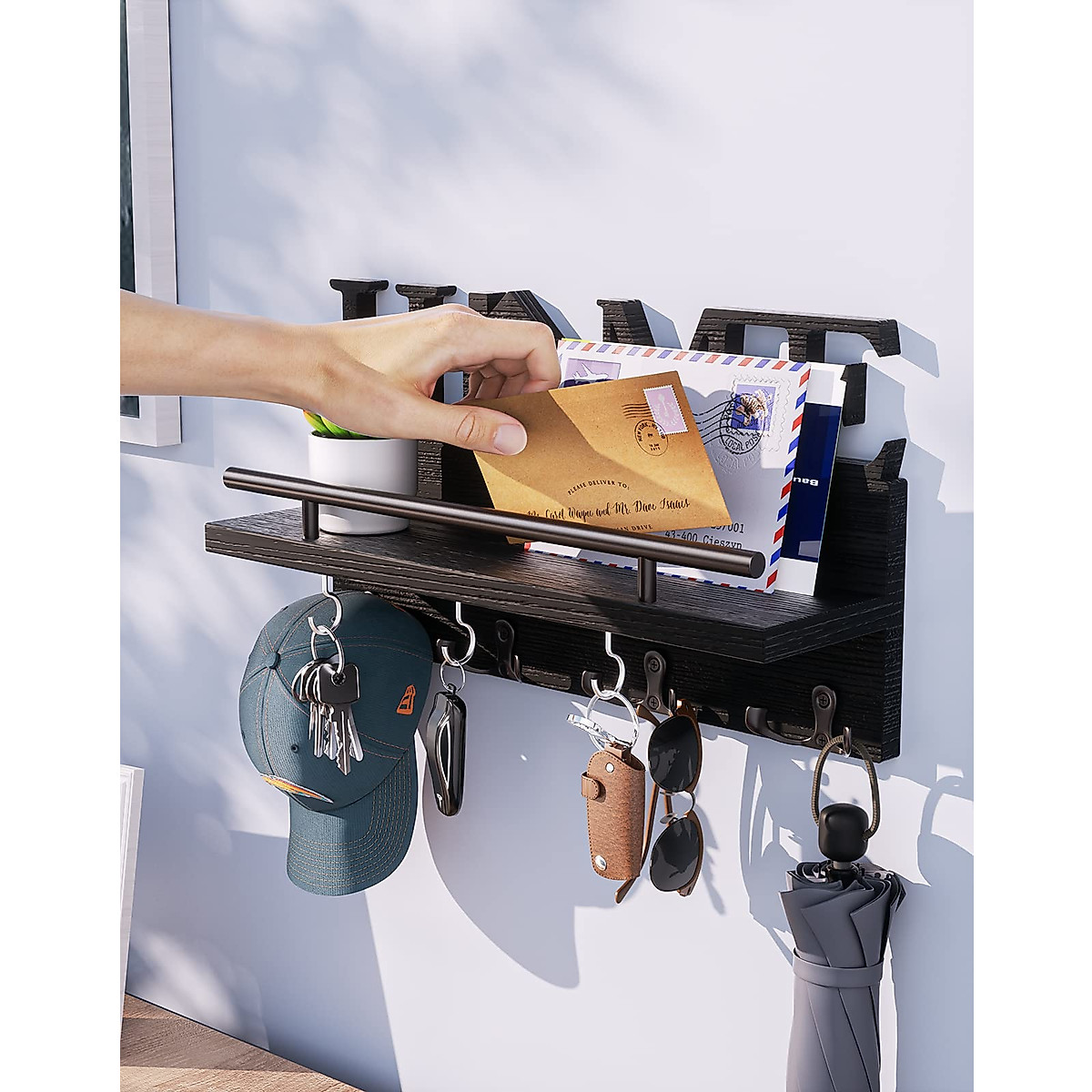 SWTYMIKI Key Hooks for Wall with Home Decoration, Wood Mail Organizer with Key Holder and Mail Holder Design, Wall Mounted Key Hanger Suitable for Entryway, Front Door, Hallway, Office, Black