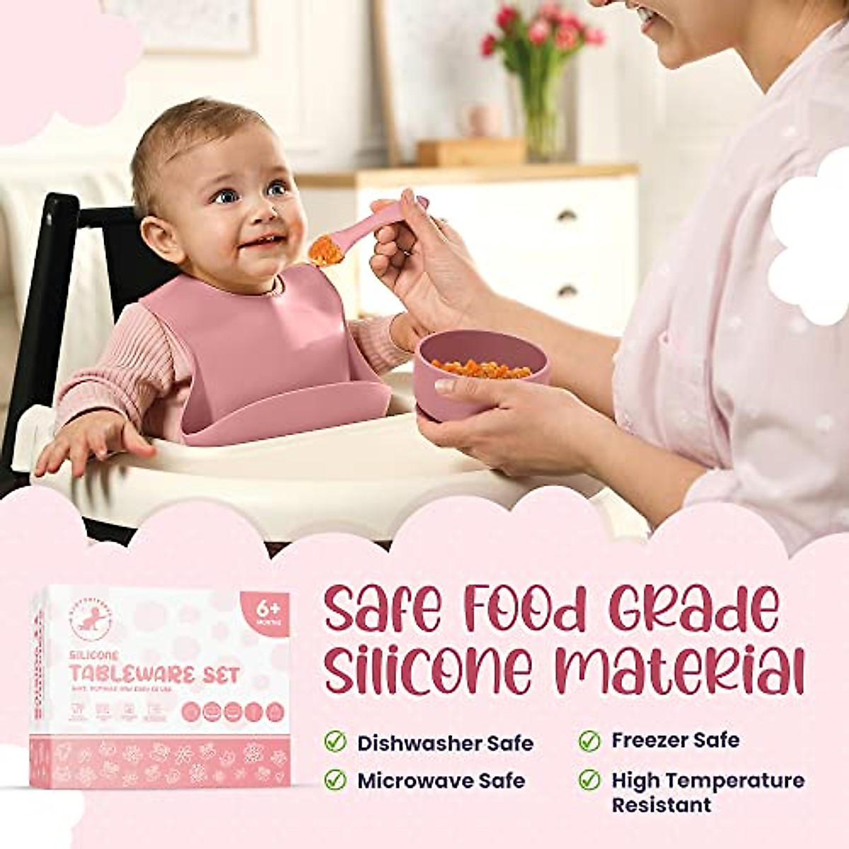 Silicone Baby Feeding Set - Food-Grade Baby Led Weaning Supplies For Toddlers - Includes Non-BPA Suction Plate with Divider, Suction Bowl, Pocket Bib, Spoon & Sippy Cup For Weaning - Pink