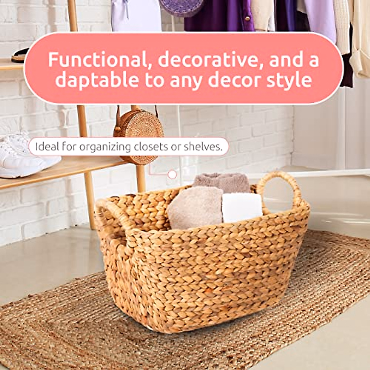 Compactor Caracas Water Hyacinth Storage Baskets, Handmade Large Wicker Basket For Laundry Bed Linen Towels, Wicker Baskets for Storage, Living Room Blanket Storage, Brown Basket - 18 x 11 x 11 inch
