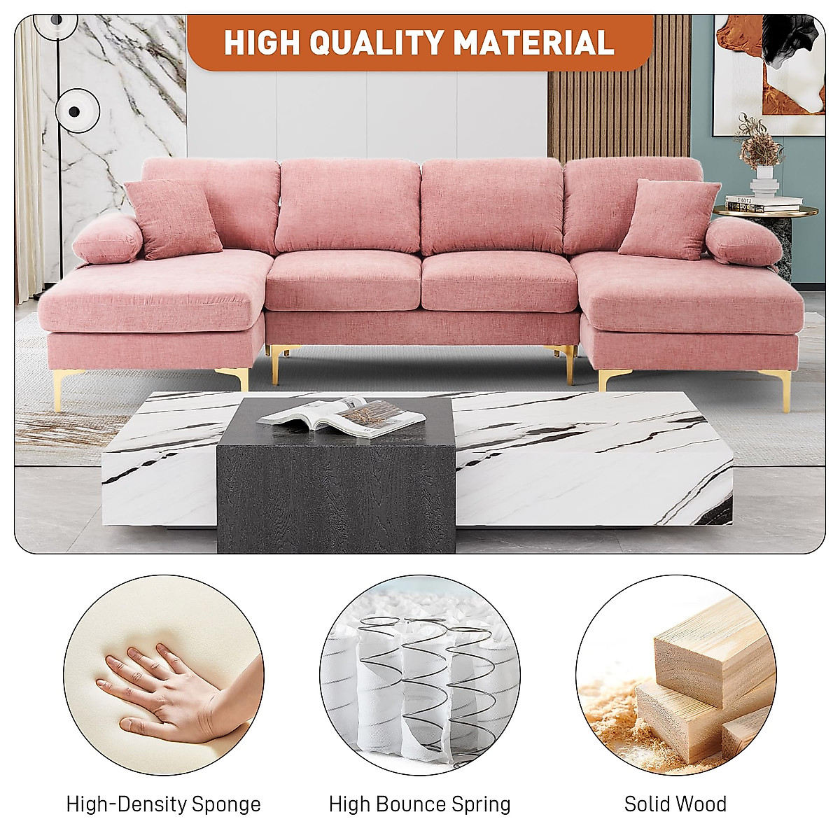 OUYESSIR U-Shaped Sectional Sofa Couch, 4 Seat Sofa Set for Living Room, 110.6" L-Shaped Chenille Sleeper Couch Set with Double Chaise Lounge (Pink)
