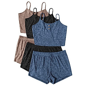 Ekouaer Sexy Loungewear Set for Womens Rib-Knit Outfits Camisole Top with Shorts Lounge Pj Set Khaki Black Plain Blue,Medium