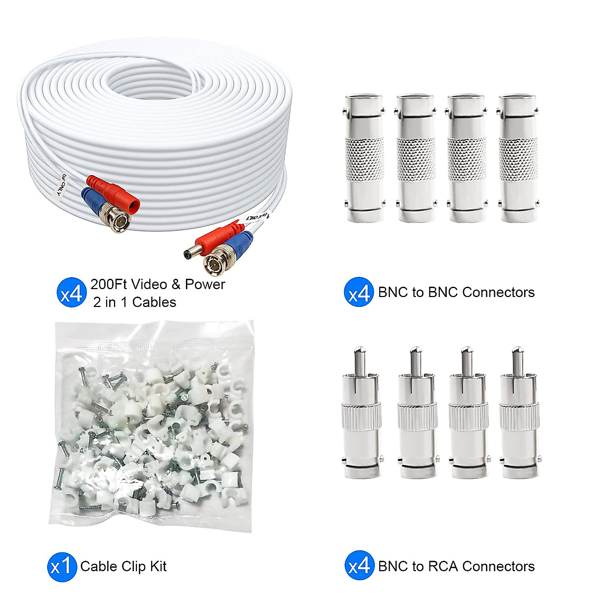 Aimyzii BNC Cable 200ft 4 Pack BNC Video Power Cable,Security Camera Cable for CCTV Camera DVR Security Systems(Included 8X BNC Adapters,100 Pcs Cable Clips)-White