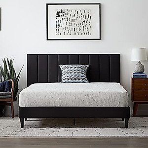 Lucid Queen Bed Frame with Headboard – Vertical Channeled Upholstered Platform Frame – Queen Size Bed Frame with Headboard – No Box Spring Needed - Black