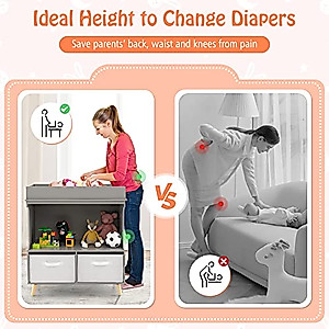 Costzon Baby Changing Table, 2 Drawer Infant Diaper Changing Station with Waterproof Changing Pad, Solid Wood Legs, Changing Table Dresser for Nursery (Gray)