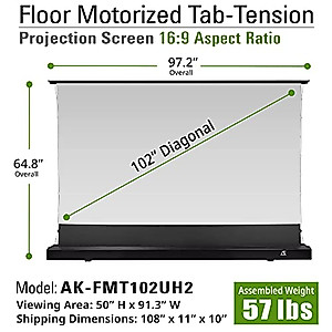 Akia Screens Pull Up Projector Screen Motorized with Remote, Floor Rising Projector Screen Tab Tension 102 inch 16:9 Indoor Movie Video Home Theater Cinema Office, CineWhite, Black Casing AK-FMT102UH2