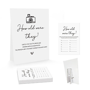 UHADRE Minimalist How Old were The Bride and Groom Game, Guess The Age Photo Game, Bridal Shower Wedding Shower Game (1 Sign and 30 Cards)-BNG20