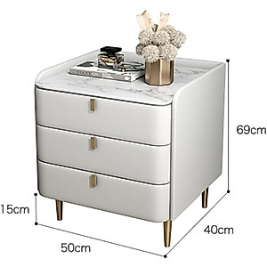 Bedside Table Mid-Century Modern Nightstand Faux Leather Bedside Table W/Marble Pattern Sintered Stone Top Side Table Wood 3 Drawer Bedroom Cabinet Chest of Drawers (Color : Black, Size : 50X40X69cm
