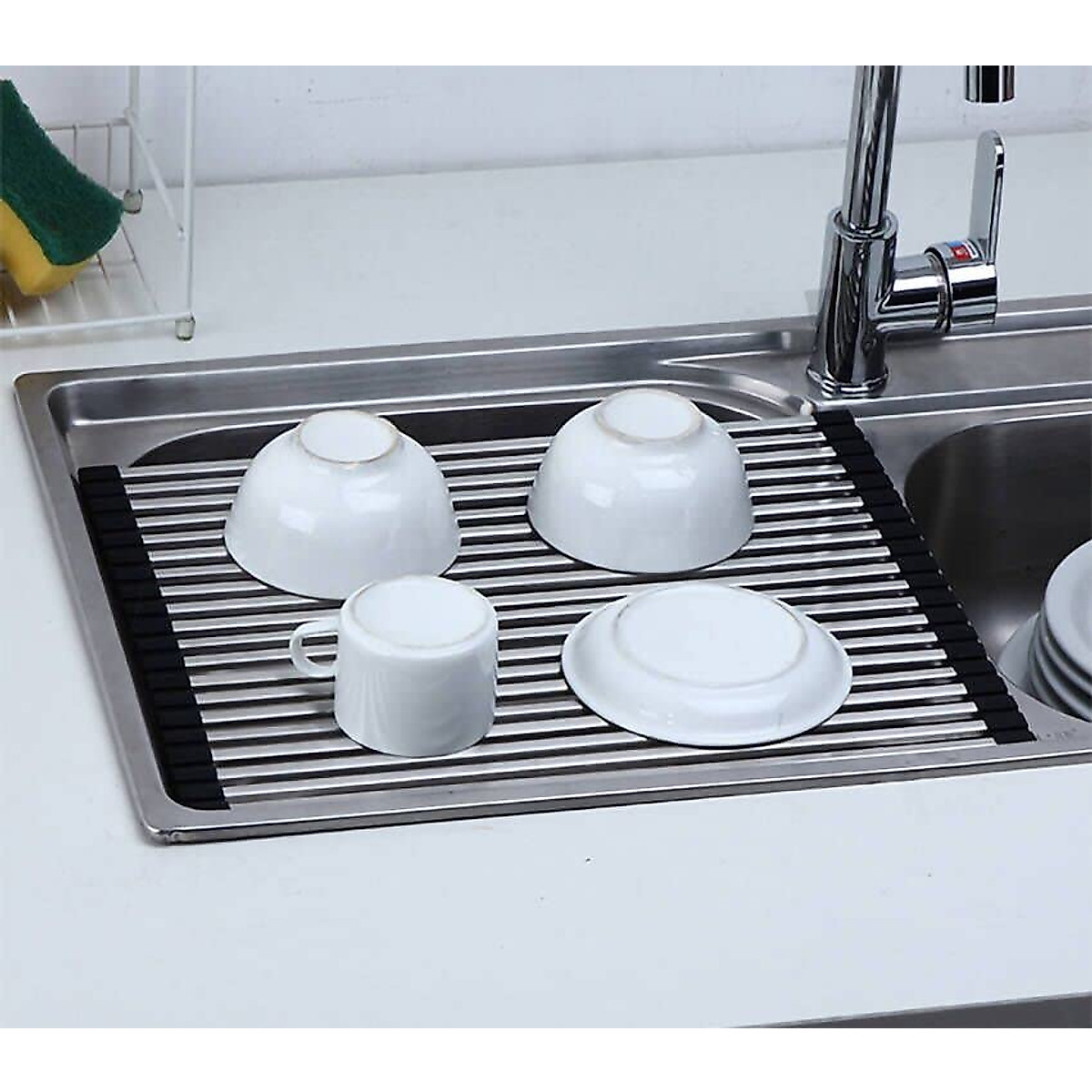 Ahyuan Roll up Dish Drying Rack Over The Sink Dish Drying Rack Square Tubes Dish Rack Over Sink Dish Racks for Kitchen Counter RV Camper Accessories for Travel Trailers (Black, 17.8''Wx13.4''L)