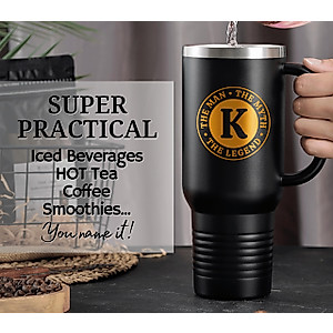the Man the Myth the Legend, Monogrammed 40oz Tumbler with Handle for Men, Funny Personalized Travel Mug, Unique Birthday Christmas Gifts for Him, A