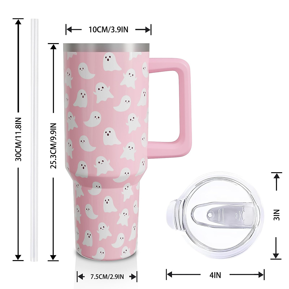 Aokoyi Halloween Ghosts 40 Oz Tumbler with Handle and Straw, Cute Spooky Stainless Steel Double Walled Vacuum Insulated Cup, Holiday Gifts for Women Girls