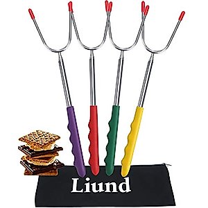 Liund Marshmallow Roasting Sticks, Smores Skewers for fire Pit Set of 4 Sturdy Stainless Steel, Multi-Color, Telescopic 45-inch Premium Safe Roasting Sticks for BBQ/Bonfire/Campfire/Hotdog/Grilling