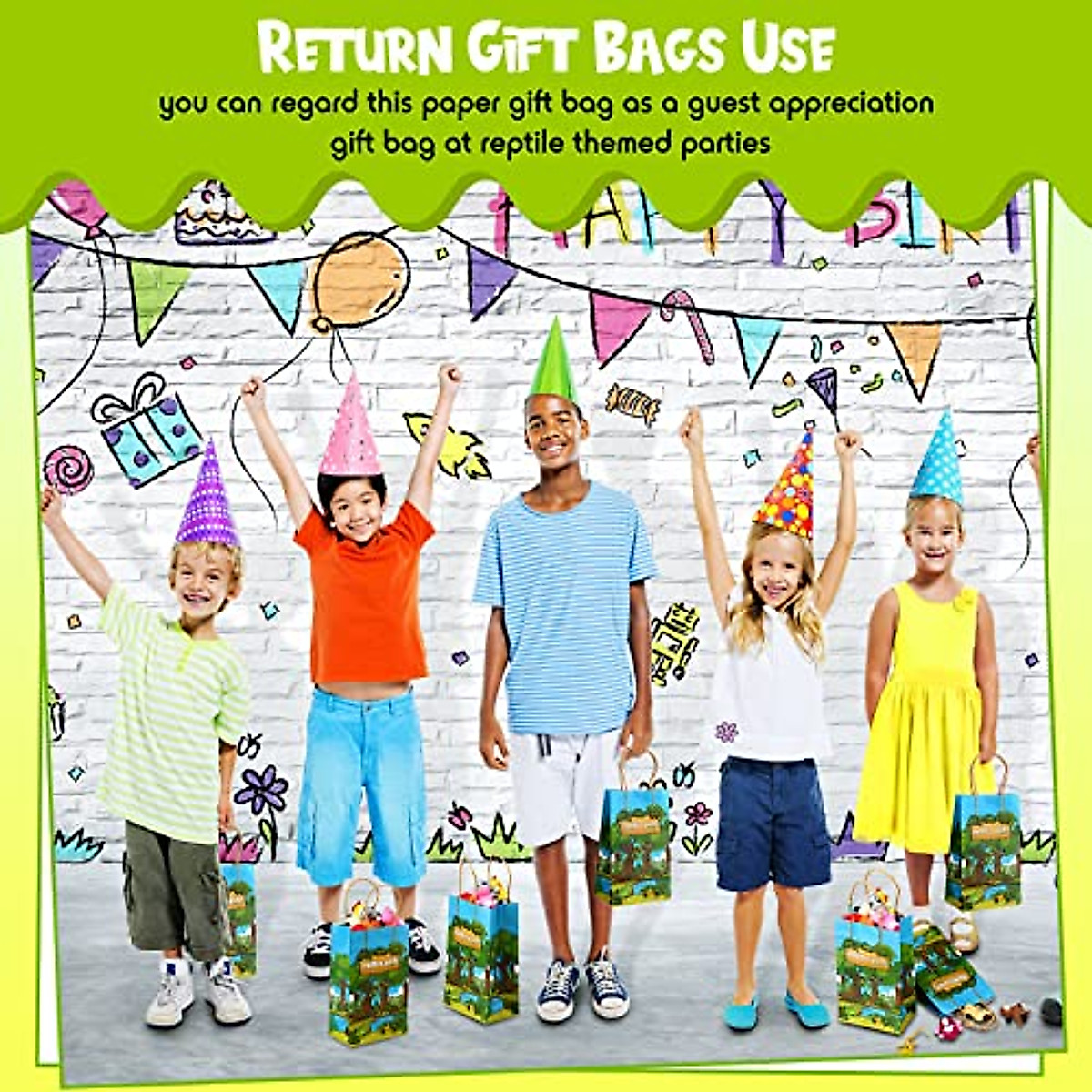 12 Packs Reptile Lizard Snake Party Favor Bags with Handles Turtle Reptile Lizard Snake Birthday Party Supplies Gift Treat Goody Bags for Camping Reptile Party Decorations