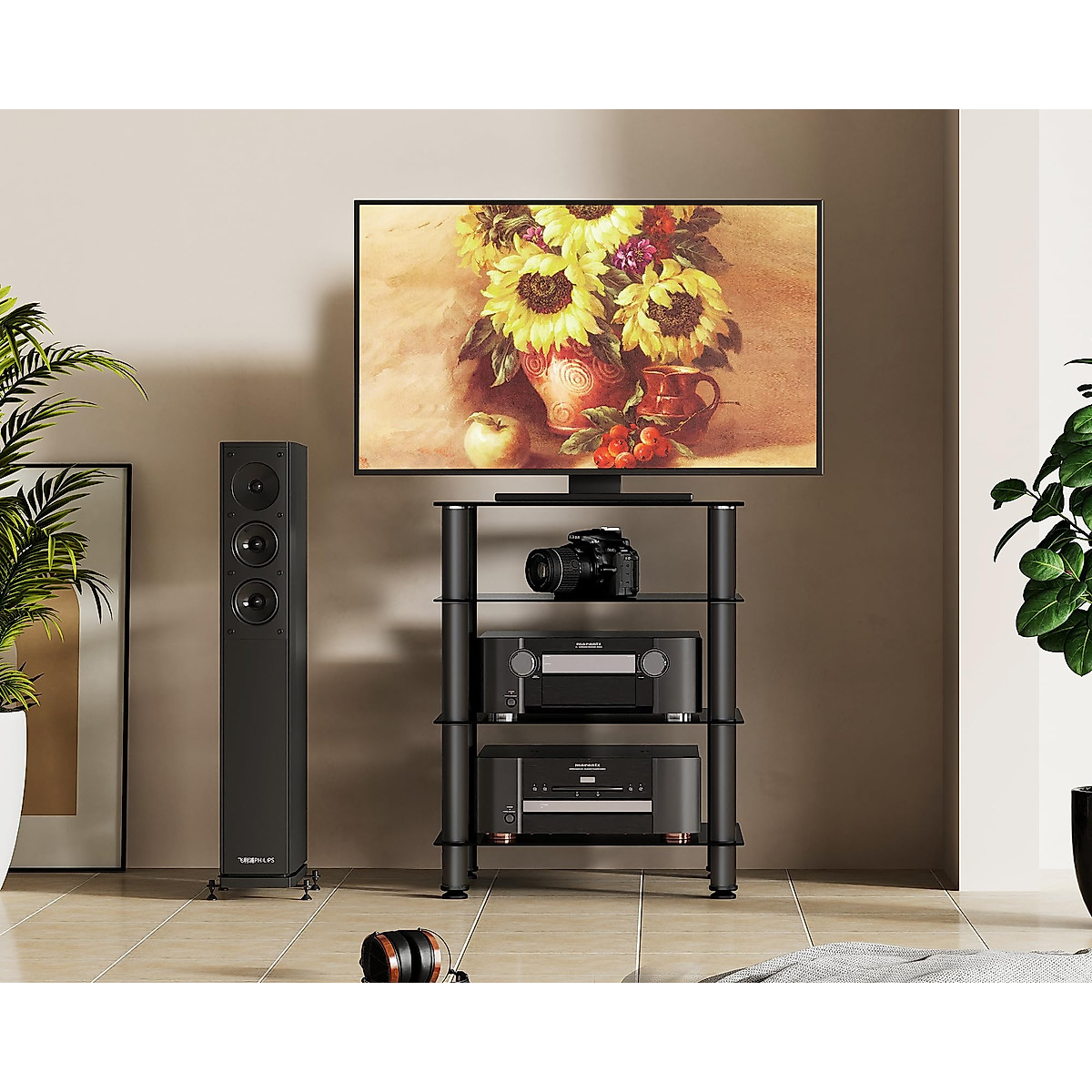 Fitueyes 4-Tier Media Stand Audio/Video Component Cabinet with Glass Shelf for/Apple Tv/Xbox One/ps4 AS406001GB