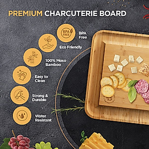 Premium Bamboo Cheese Board: Large Charcuterie Boards Set Including 4 Stainless Steel Knife & Wine Opener - Cheese Platter & Serving Tray - Ideal Valentines Day Gifts, Housewarming Gift, Wedding Gifts