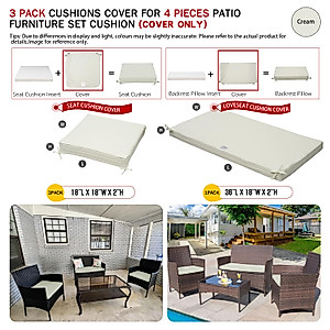 ClawsCover 3Pack Outdoor Seat Cushions Replacement Covers Fit for 4 Pieces Wicker Rattan Patio Furniture Conversation Set Chair Loveseat,36x18x2,18x18x2,Cream-Small (Include Cover Only)
