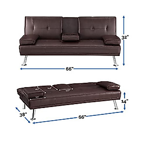 Futon Sofa Bed, Faux Leather Futon Couch with Armrest and 2 Cupholders, Pull Out Sofa Bed Couch Convertible with Metal Legs, Folding, Reclining Small Couch Bed, Futon Bed for Living Room - Espresso