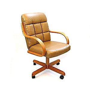 Caster Chair Company Casual Rolling Caster Dining Chair with Swivel Tilt in Honey Oak Wood with Buff Bonded Leatherette Seat and Back (1 Chair)
