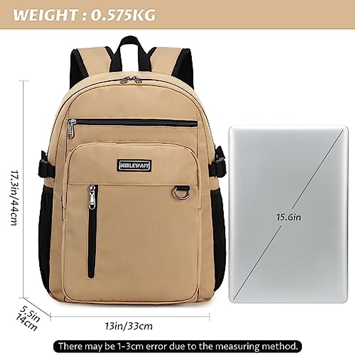 MIRLEWAIY Classical Casual Daypack Lightweight School Bookbag Travel Backpacks Work Bag For Teen Girls boys, Khaki