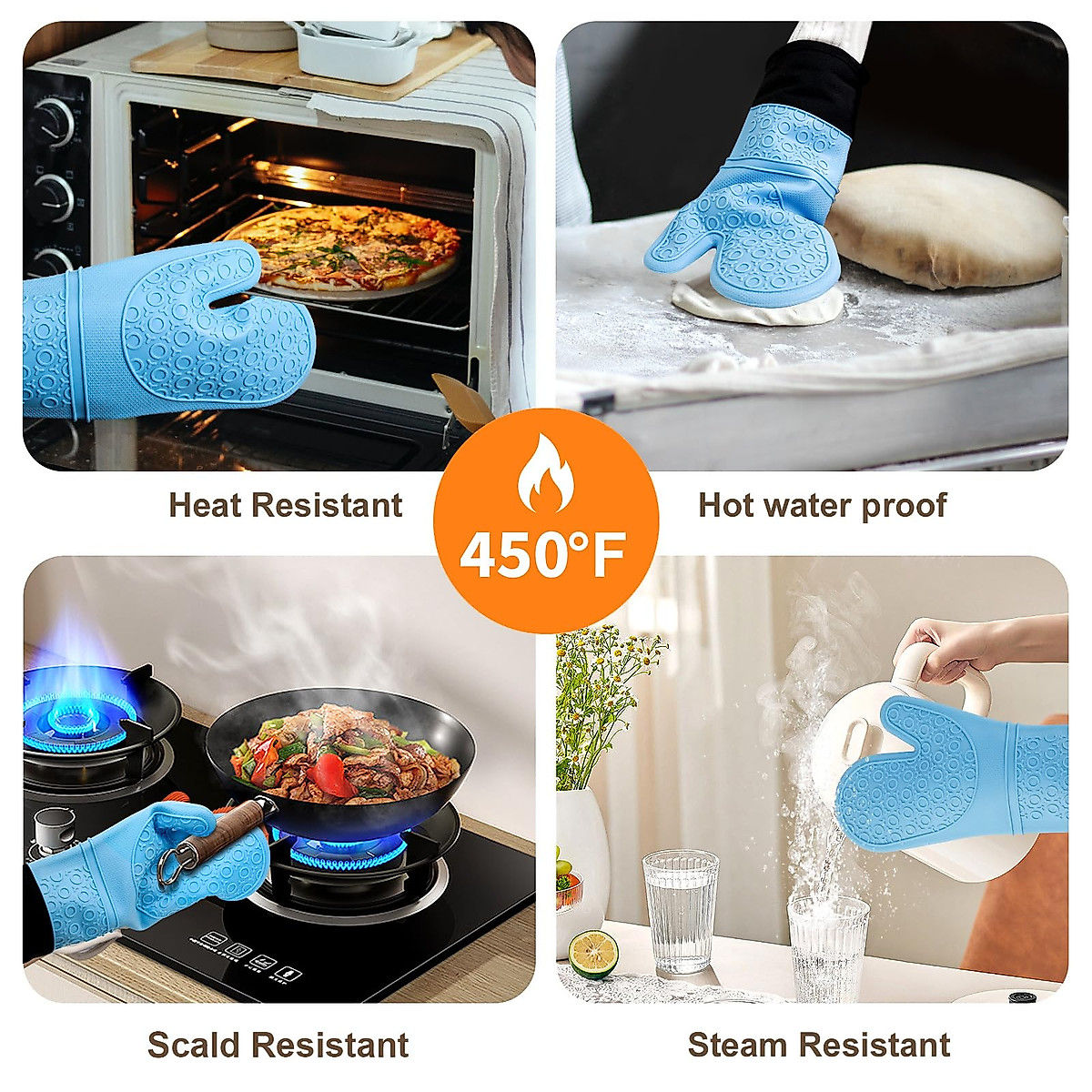 Obsoorth Heat Resistant Silicone Oven Mitts Waterproof Flexible Handle Hot Food Washable Blue Extra Long Anti-Slip Kitchen Glove for Baking Cooking BBQ, 1Pair