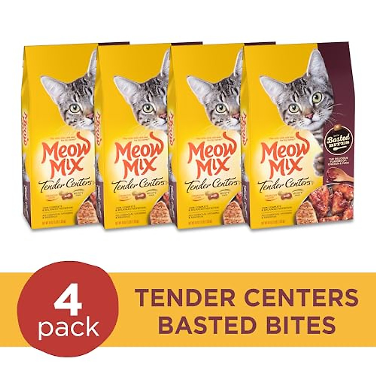 Meow Mix Tender Centers Basted Bites Dry Cat Food, Chicken & Tuna Flavor, 3 Pound Bag (Pack of 4)