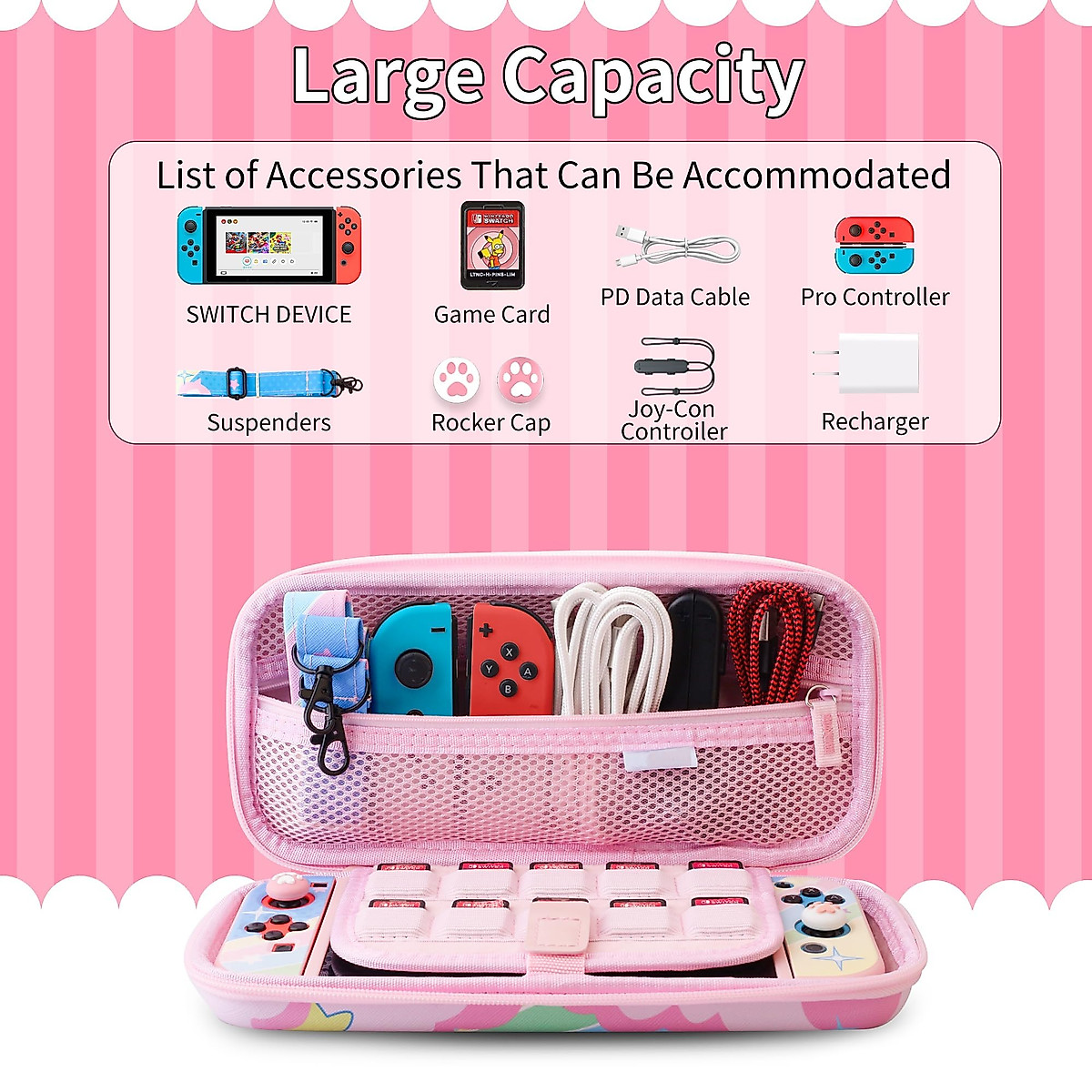 GLDRAM Switch Carrying Case for Nintendo Accessories, Portable Travel Case with Upgraded TPU Switch Protective Skin Cover, HD Screen Protector, Adjustable Shoulder Strap & Cute Thumb Grips