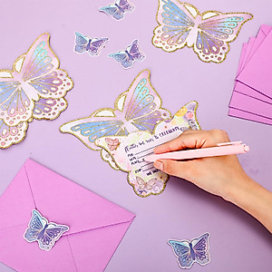 Hotop 24 Sets Mermaid Birthday Invitations with Envelopes and Mermaid Stickers Glitter Butterfly Invitations for Kids Birthday Party Baby Shower Mermaid Themed Party Supplies Pool Party (Butterfly)