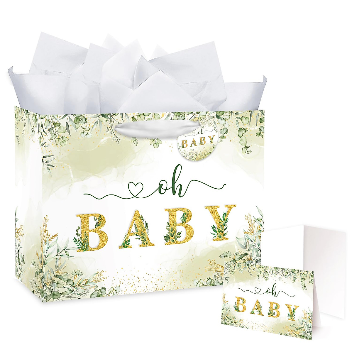 Mpanwen 16" Large Sage Green Baby Gift Bag, Baby Gift Bag for Girl Boy with Tissue Papers and Card